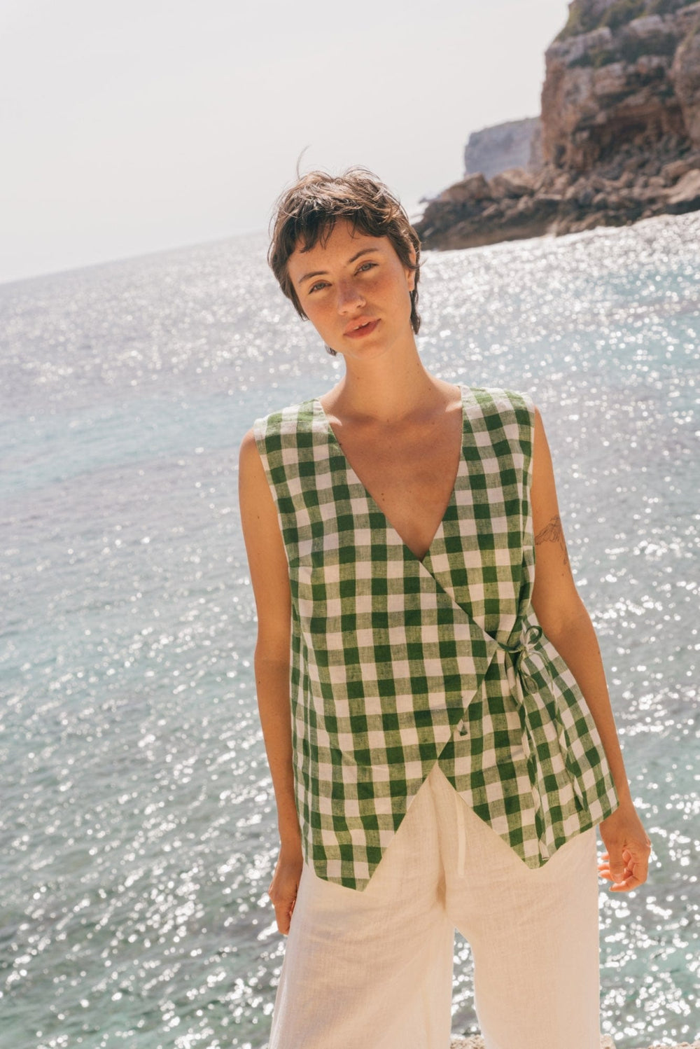 Blanca sleeveless linen wrap top in Green Gingham