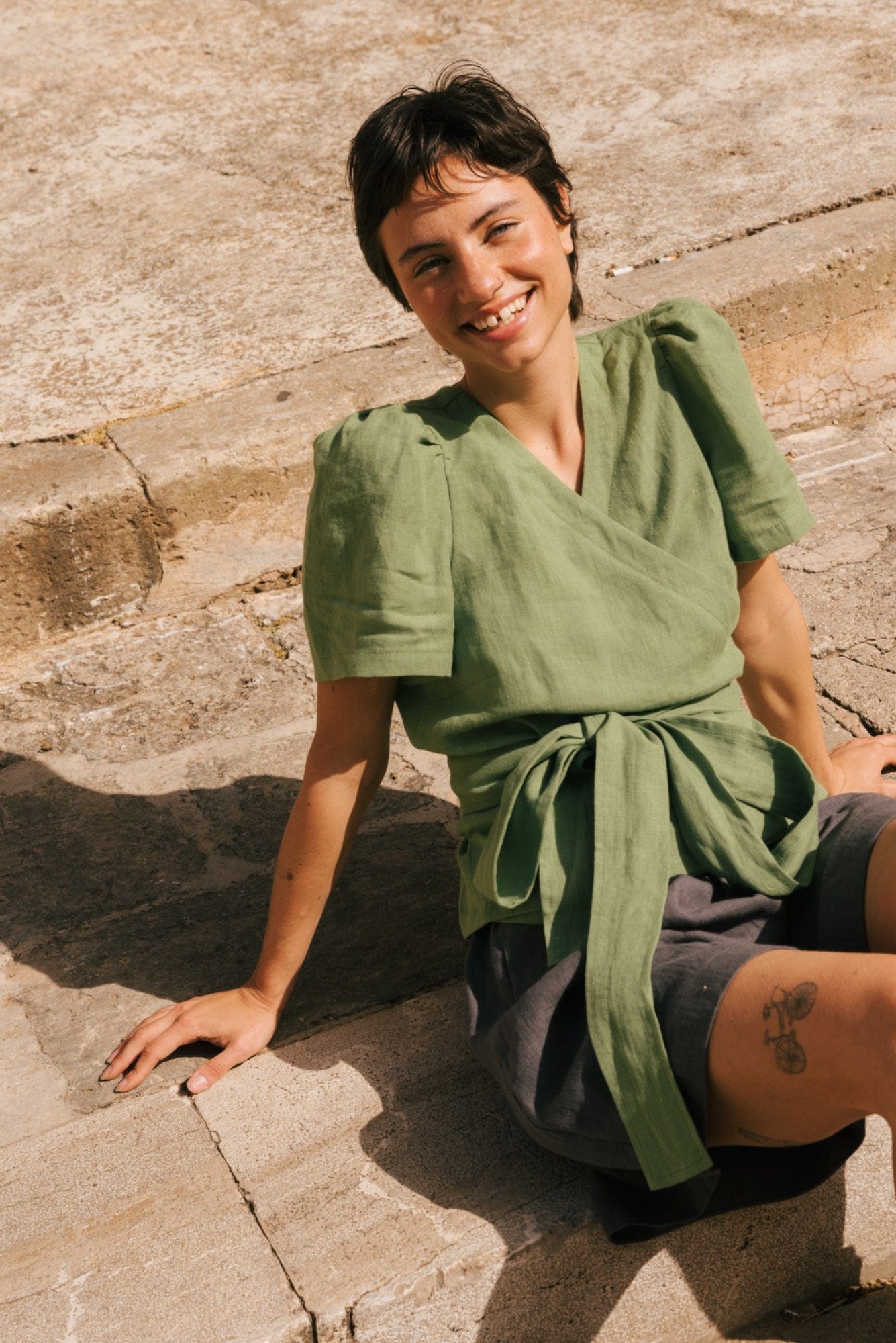 Elisa linen wrap top in Matcha Green