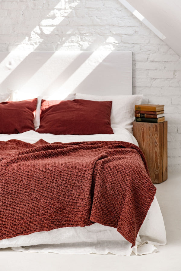 Terracotta linen bed throw | AmourLinen | Waffle blanket